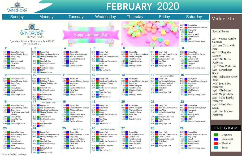 Activity Calendars | Windrose at Weymouth