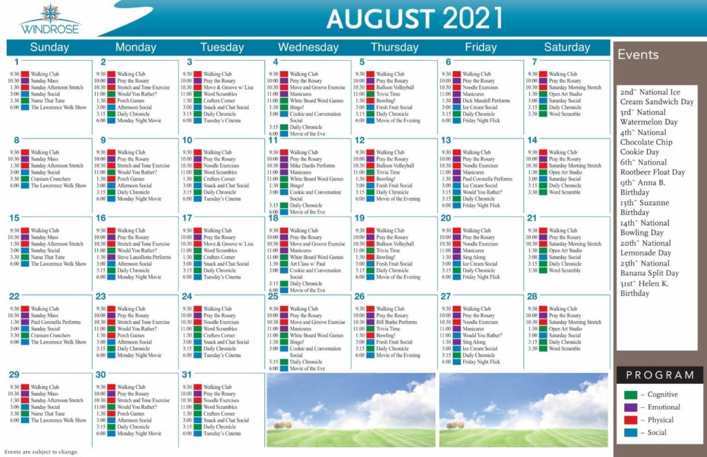 Activity Calendars | Windrose at Weymouth